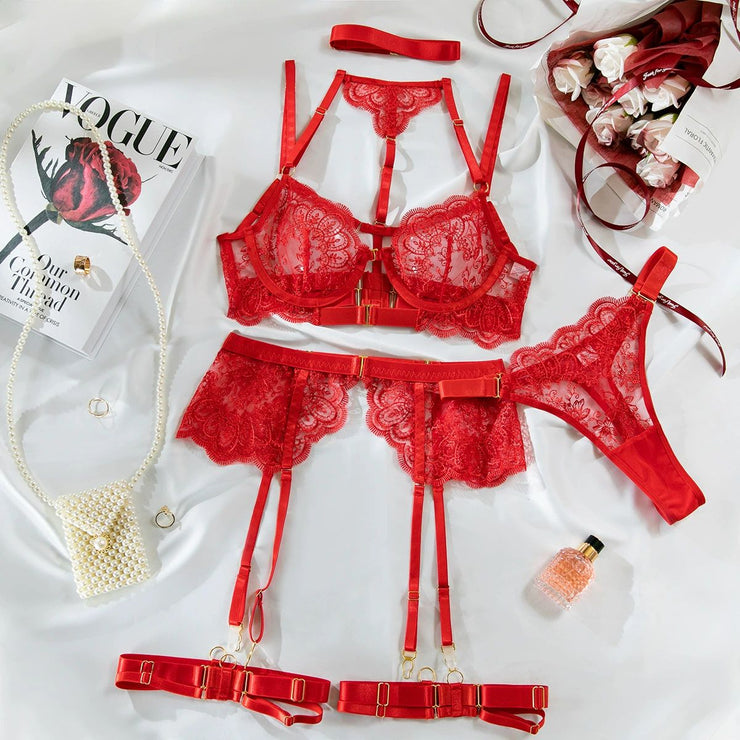 Enchanting Red Lace Harness Set - 5 Piece | Lingerie By Coco